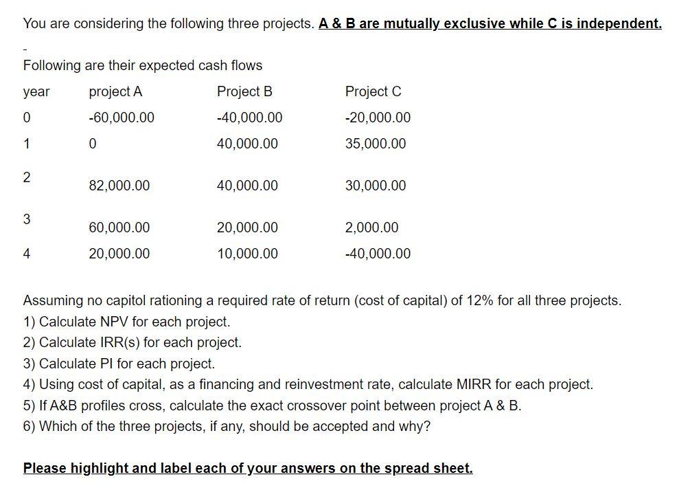 Solved You are considering the following three projects. A& | Chegg.com