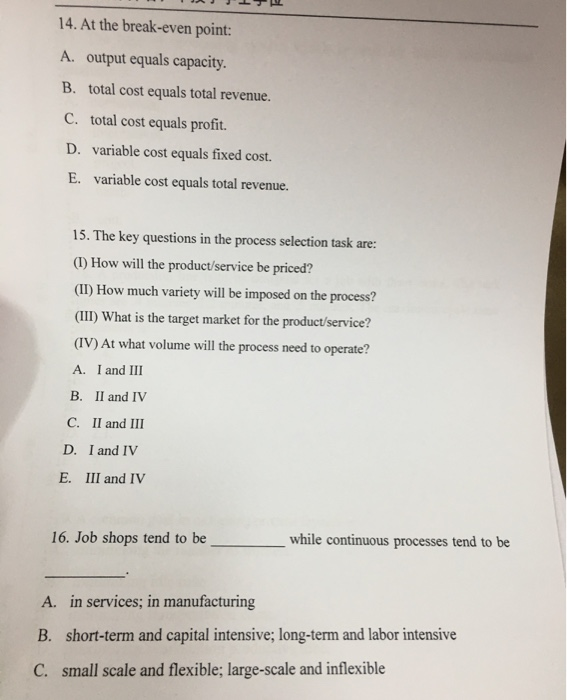 Solved 14. At the break-even point: output equals capacity | Chegg.com