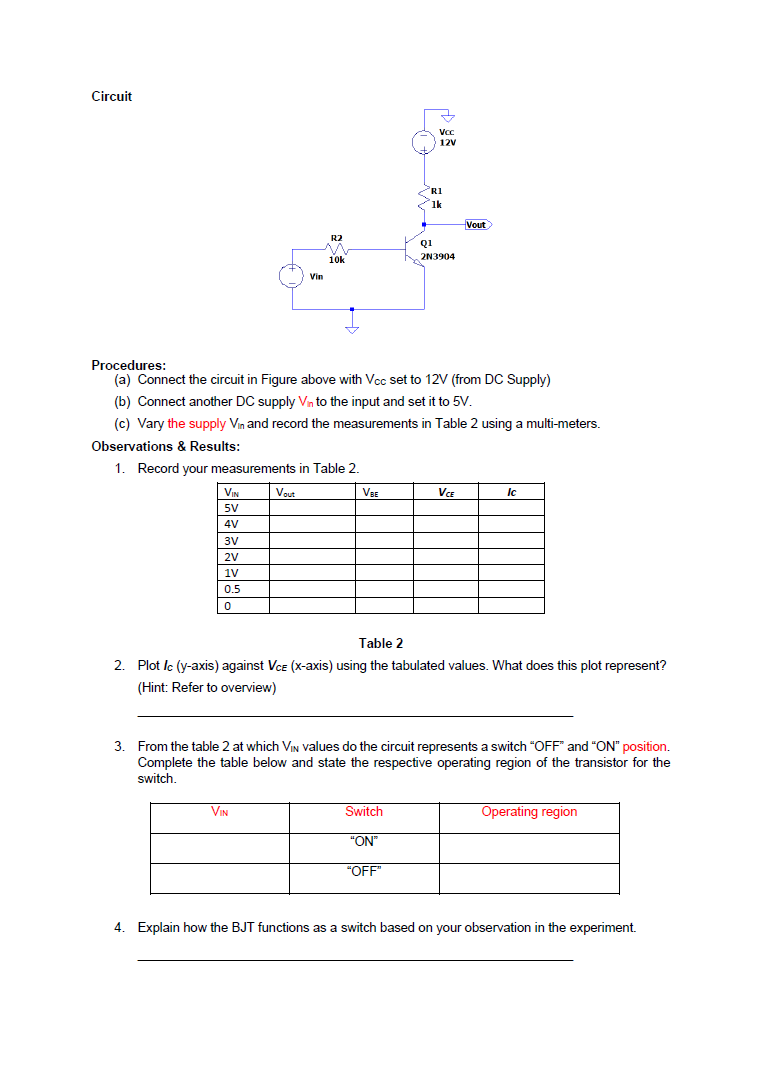 Solved Circuit Q1 2N3904 Vin Procedures: (a) Connect the | Chegg.com