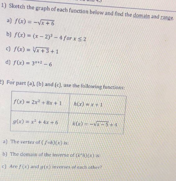 Solved 1) Sketch the graph of each function below and find | Chegg.com