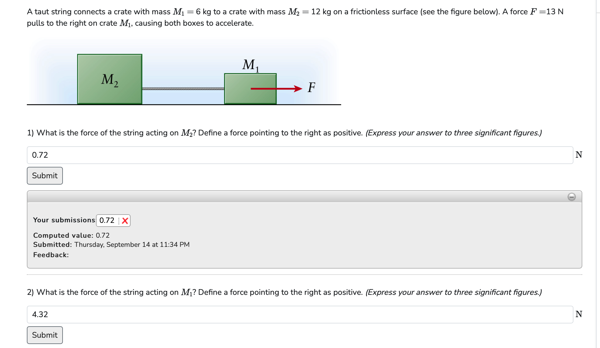 Solved A taut string connects a crate with mass M1=6 kg to a | Chegg.com