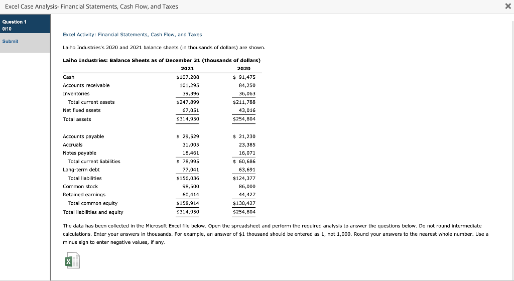 Solved Excel Case Analysis Financial Statements, Cash Flow, | Chegg.com