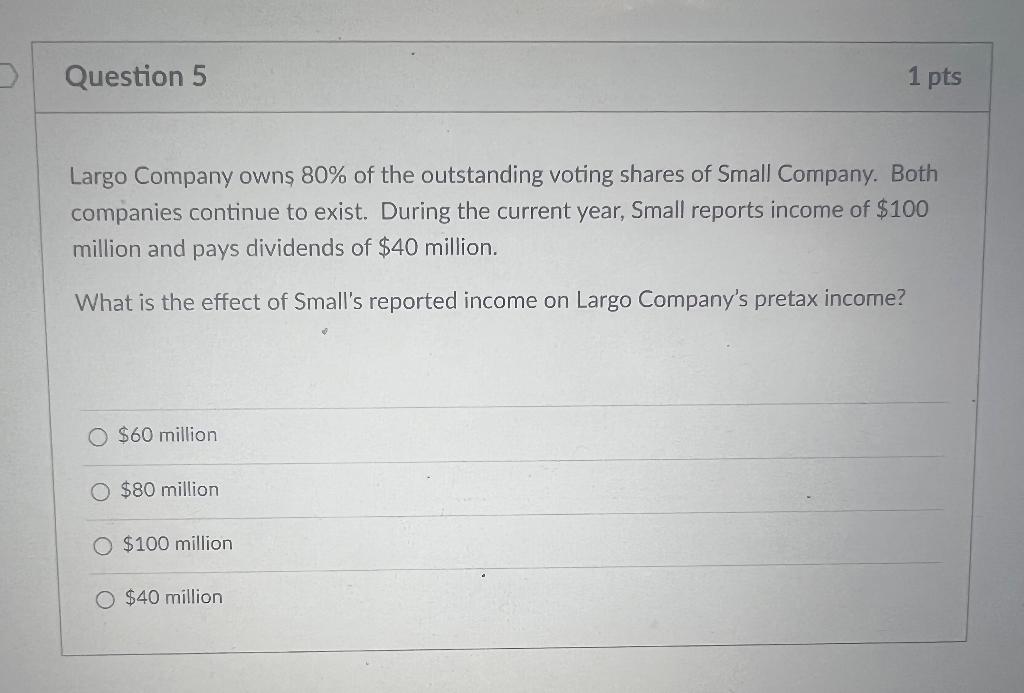 Solved Question 5 1 pts Largo Company owns 80% of the | Chegg.com