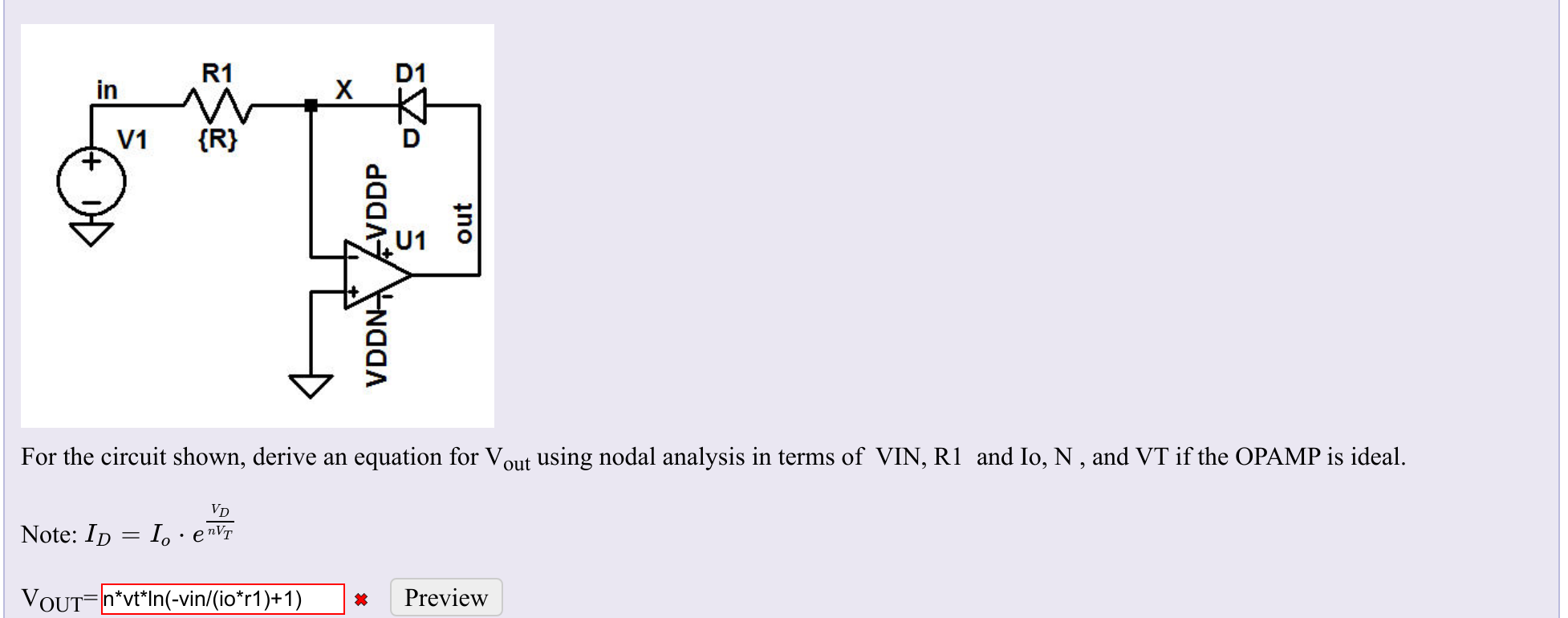 Solved in out For the circuit shown, derive an equation for | Chegg.com