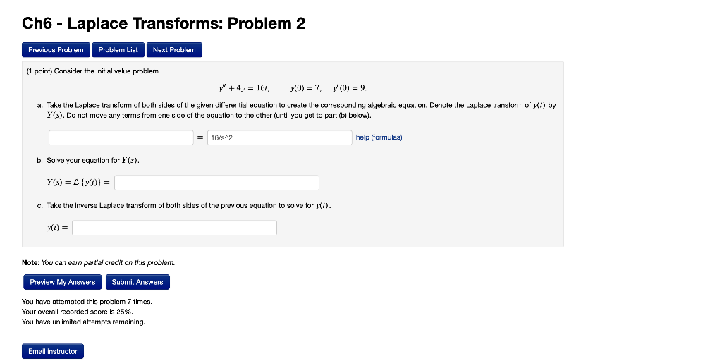 Solved Ch6 - Laplace Transforms: Problem 2 Previous Problem | Chegg.com