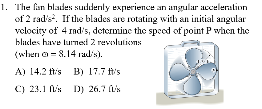 Solved 1. The fan blades suddenly experience an angular | Chegg.com