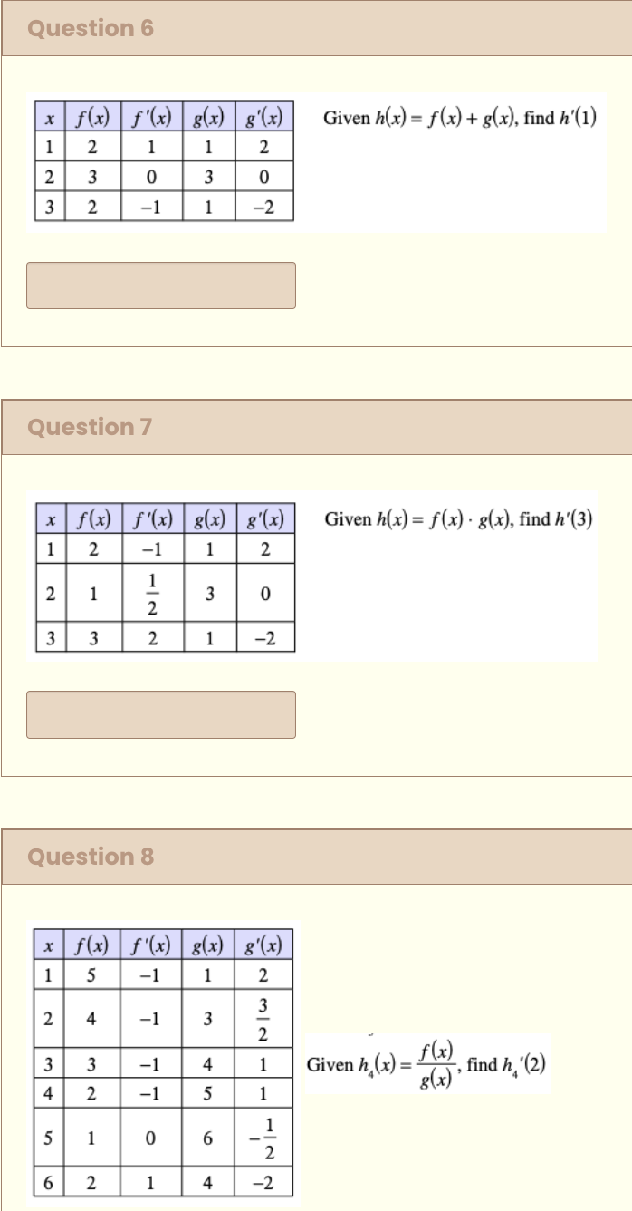 Solved Given h(x)=f(x)+g(x), ﻿find h'(1)Question 7Given | Chegg.com