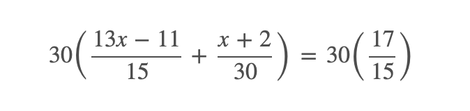 Solved 30(13x-1115+x+230)=30(1715) | Chegg.com