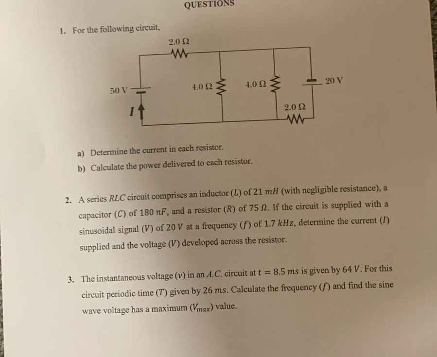 Solved QUESTIONSFor the following circuit,a) ﻿Determine the | Chegg.com
