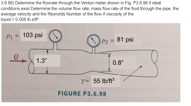 Solved 3.6.98) Determine the flowrate through the Venturi | Chegg.com