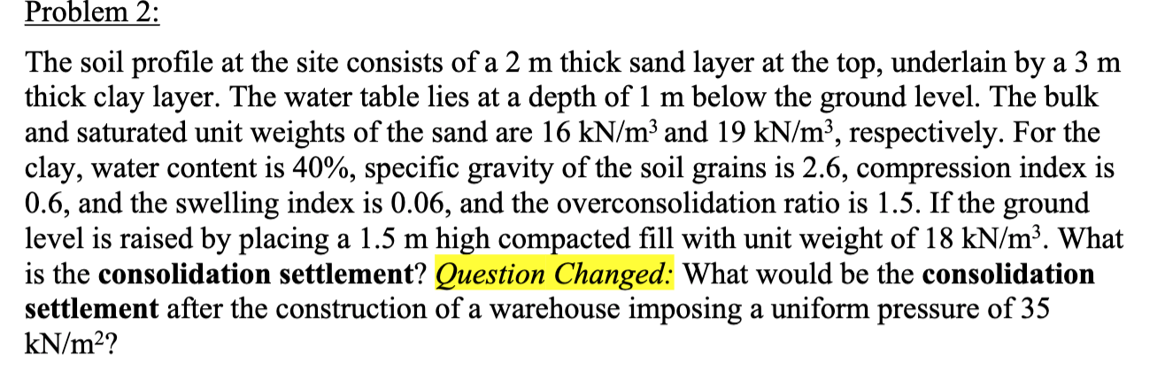 Solved Problem 2: The soil profile at the site consists of a | Chegg.com