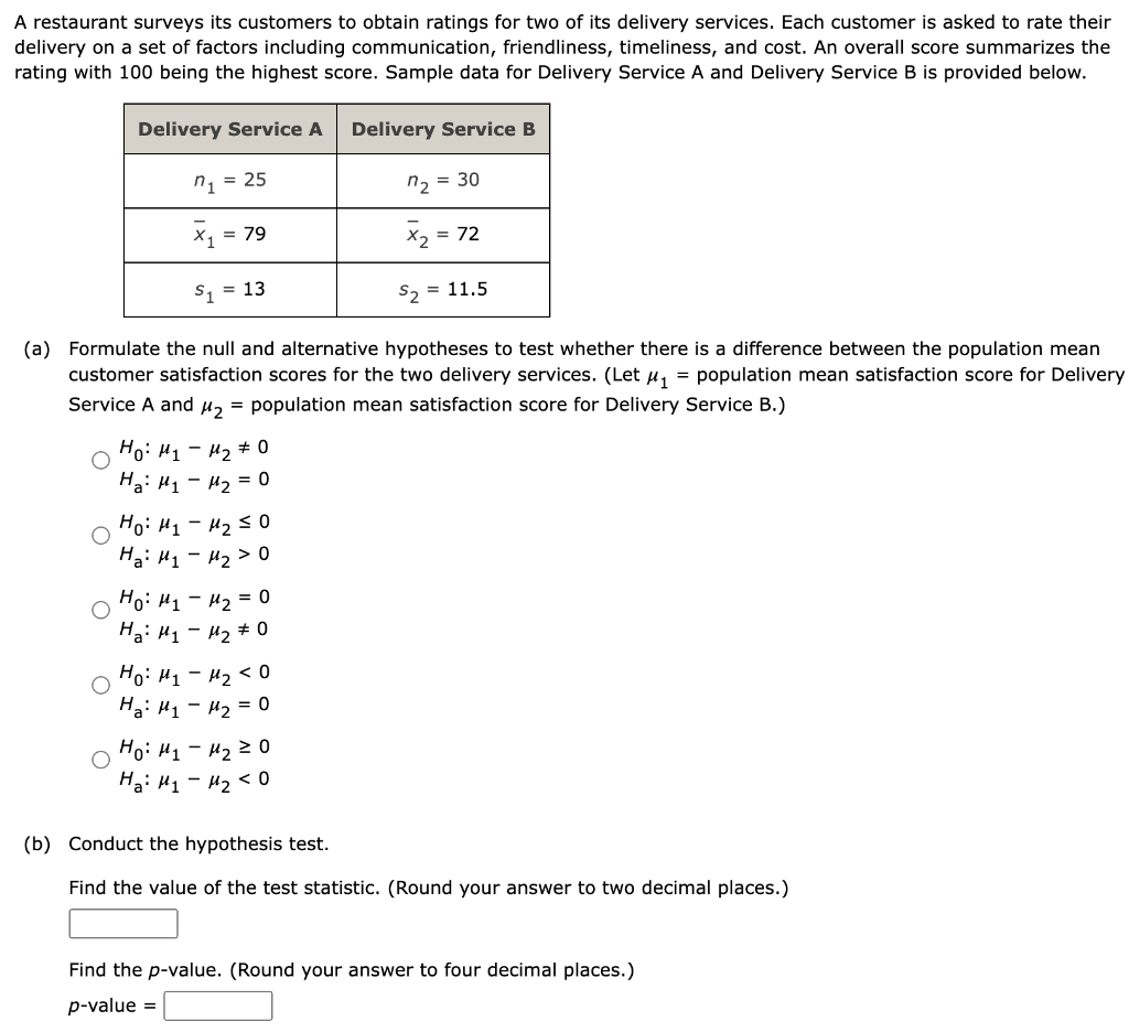 Solved A restaurant surveys its customers to obtain ratings | Chegg.com