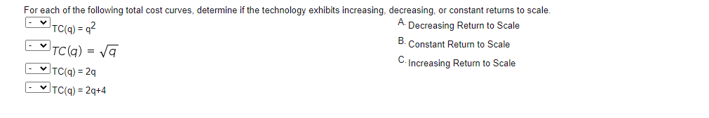 Solved TC(q) = 2 For each of the following total cost | Chegg.com