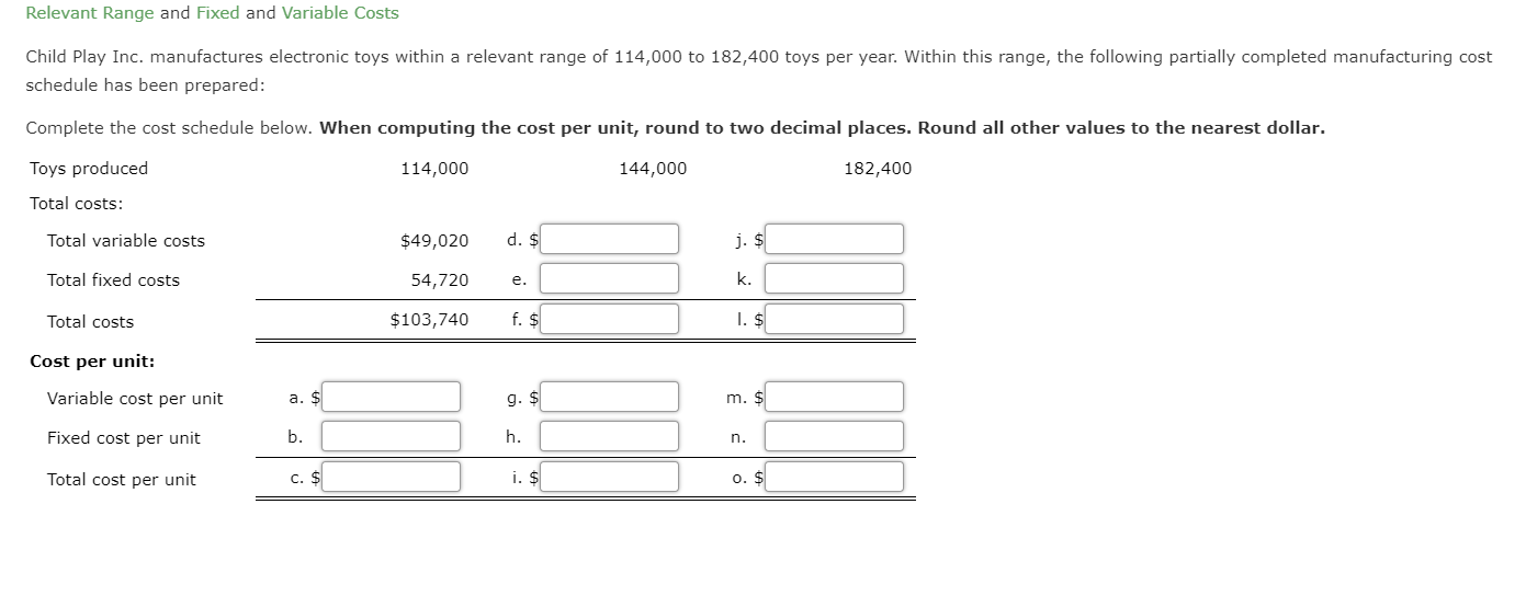Solved Relevant Range and Fixed and Variable Costs Child | Chegg.com
