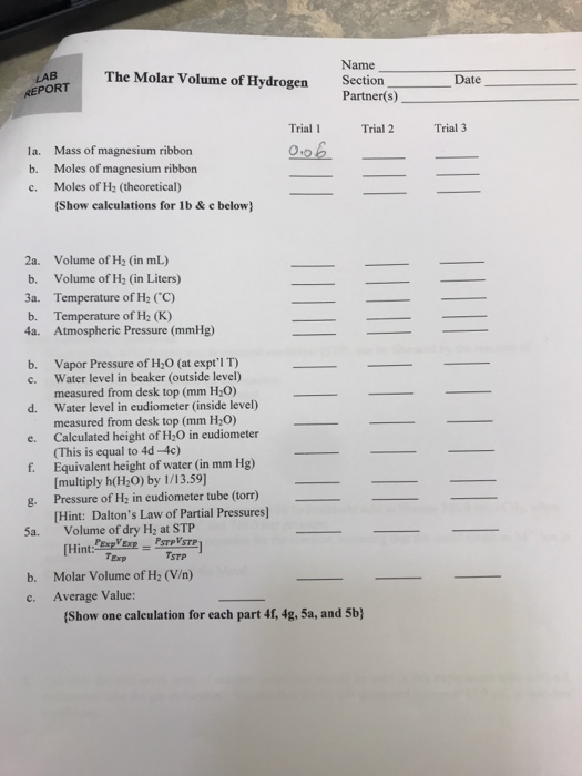 Solved Name Section Partner(s) LAB The Molar Volume of | Chegg.com
