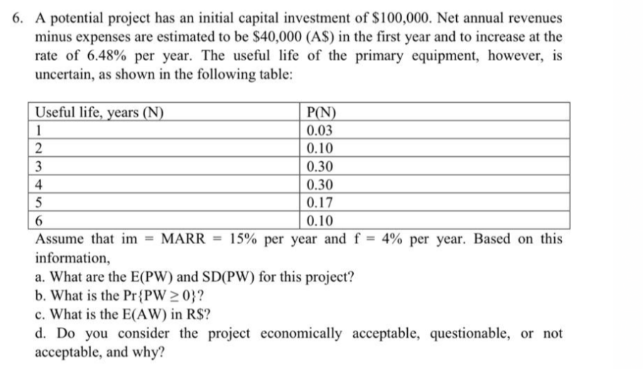 Solved A potential project has an initial capital investment | Chegg.com