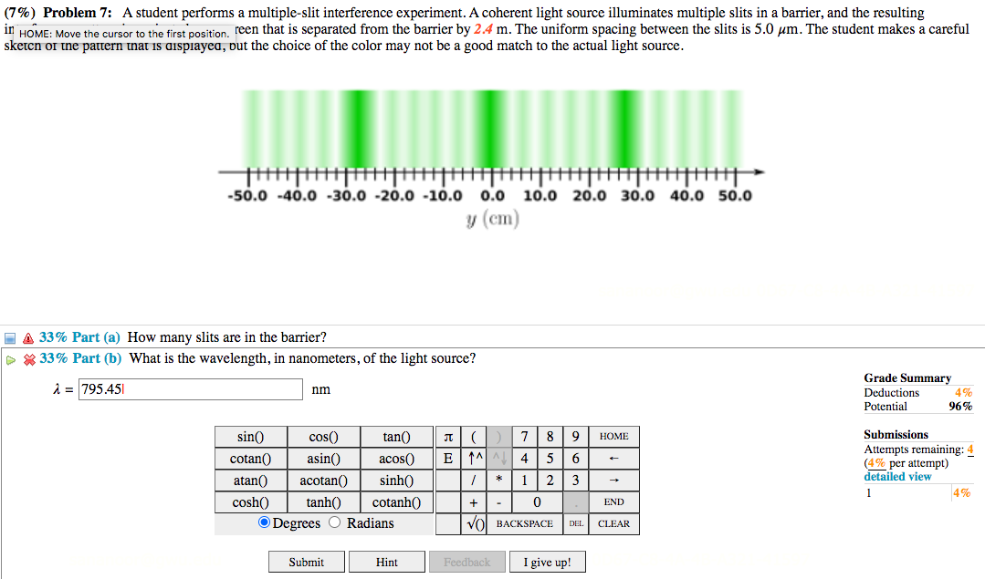 Solved 7\\%) Problem 7: A student performs a multiple-slit | Chegg.com
