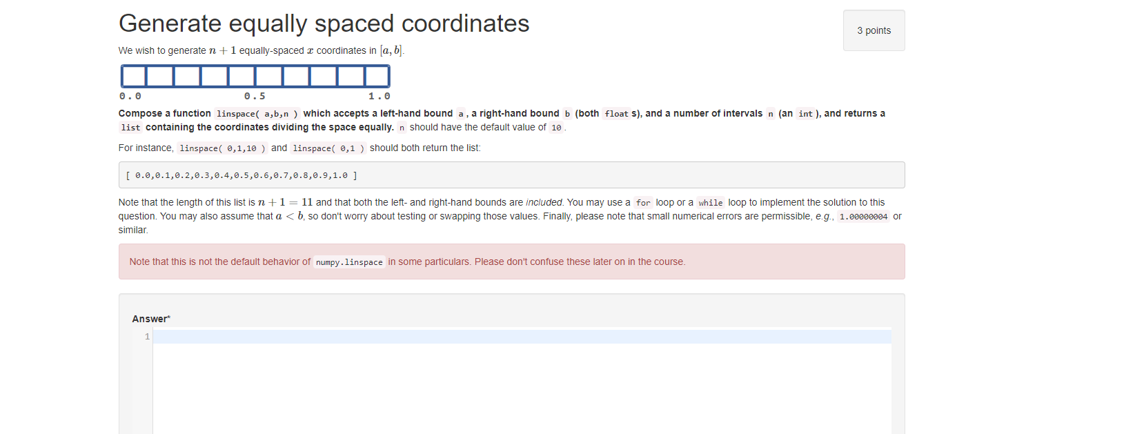 Solved Generate equally spaced coordinates 3 points We wish | Chegg.com