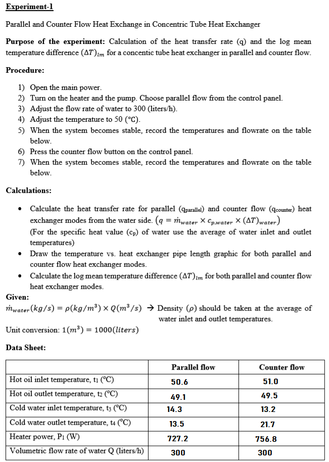 Solved Experiment-l Parallel and Counter Flow Heat Exchange | Chegg.com