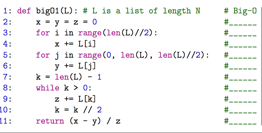 Solved 1: def bigol(L): # L is a list of length N 2 3: 4 5: | Chegg.com