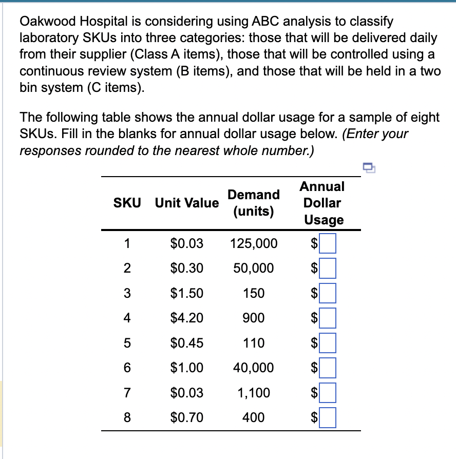 Solved Oakwood Hospital is considering using ABC analysis to | Chegg.com