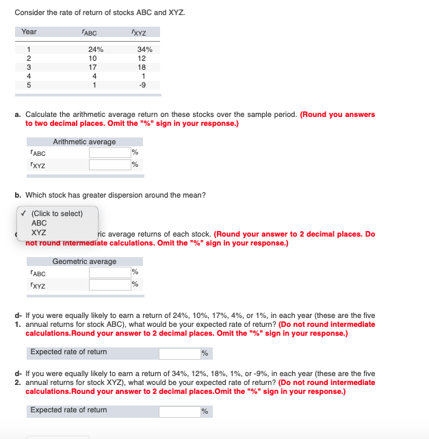 Solved Consider the rate of return of stocks ABC and XYZ. | Chegg.com