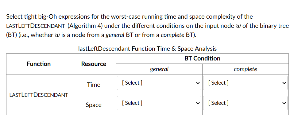 Solved \begin{tabular}{l} Algorithm 4 LASTLEFTDESCENDANT (w) | Chegg.com