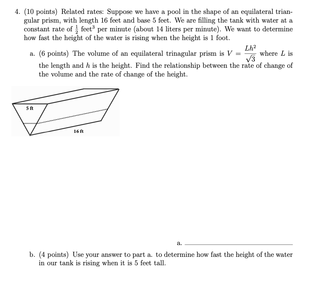 Solved 4. (10 points) Related rates: Suppose we have a pool | Chegg.com
