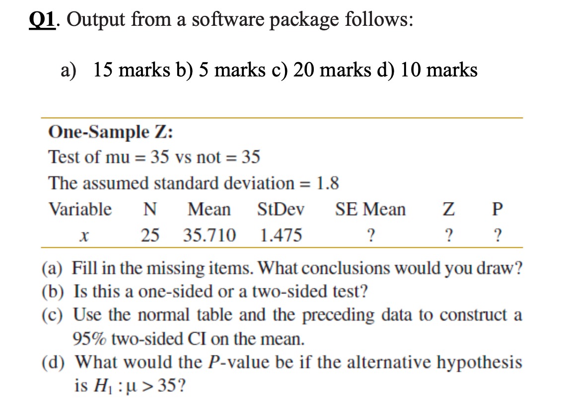 Solved Q1. Output from a software package follows: a) 15 | Chegg.com