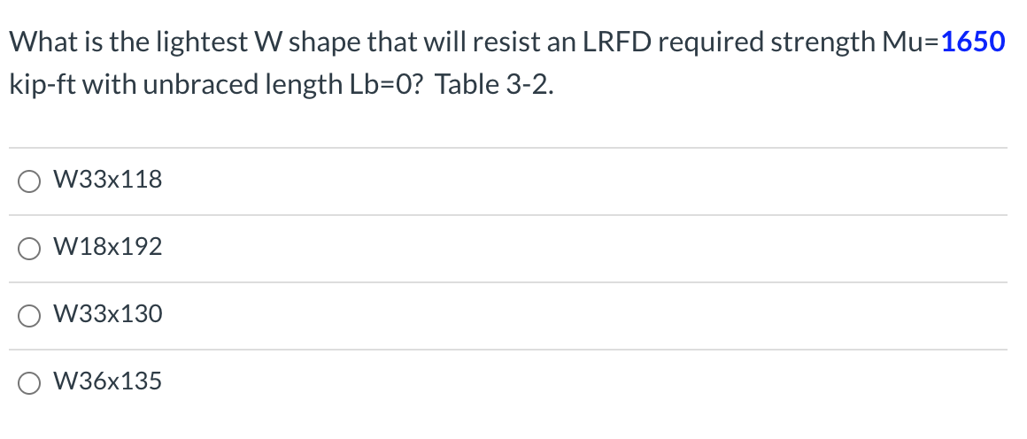 Solved What is the lightest W shape that will resist an LRFD | Chegg.com