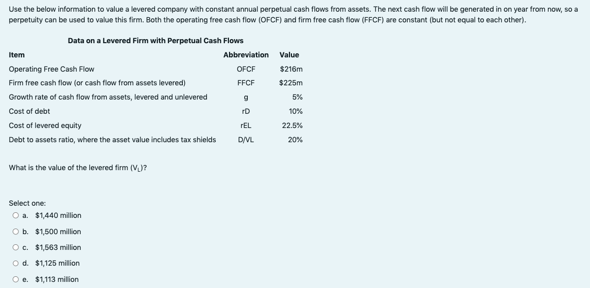 Solved Use the below information to value a levered company | Chegg.com