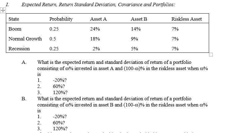 Solved 1 Expected Return Return Standard Deviation