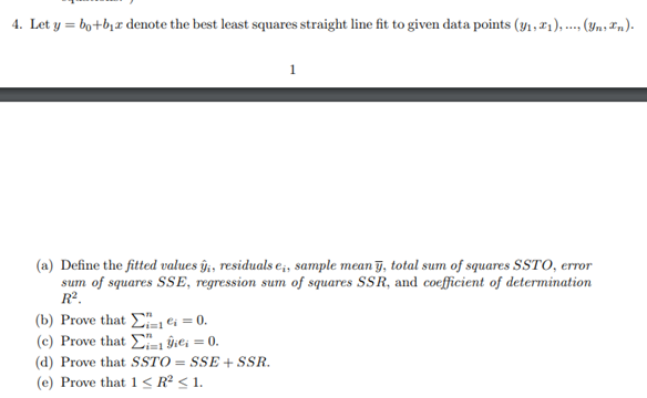 Solved 4. Let y=b0+b1x denote the best least squares | Chegg.com