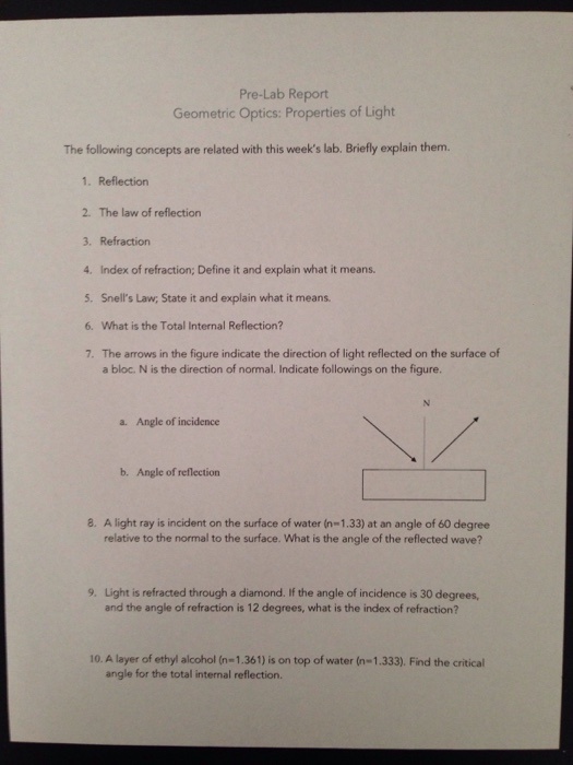 Solved Pre-Lab Report Geometric Optics: Properties of Light | Chegg.com