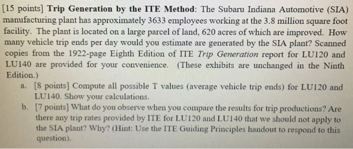 [15 points] Trip Generation by the ITE Method: The | Chegg.com