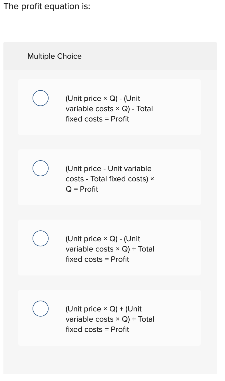 Solved The profit equation is: Multiple Choice (Unit price * | Chegg.com