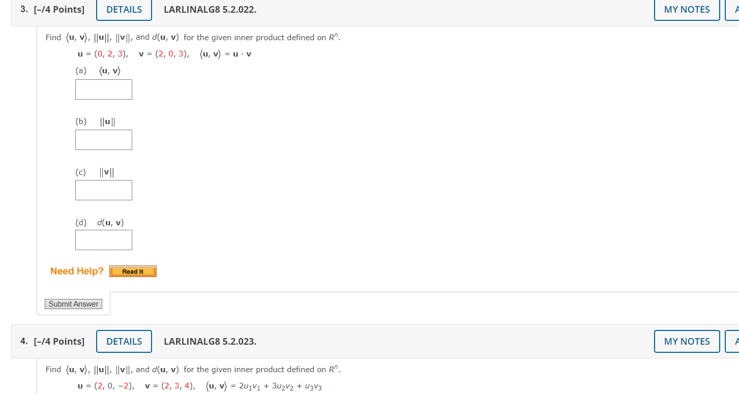 Solved Find (:u,v:),||u||,||v||, ﻿and d(u,v) ﻿for the given | Chegg.com