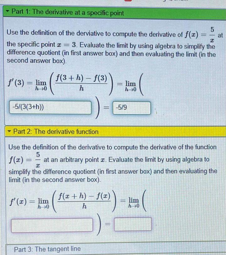 Solved - Part 1: The derivative at a specific point at 5 Use | Chegg.com