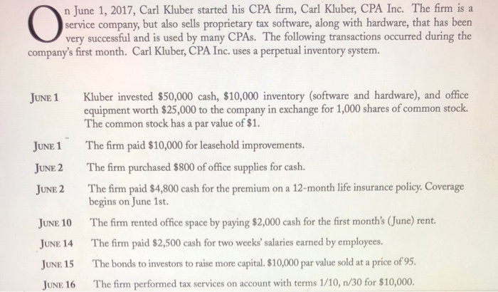 Solved n June 1, 2017, Carl Kluber started his CPA firm, | Chegg.com
