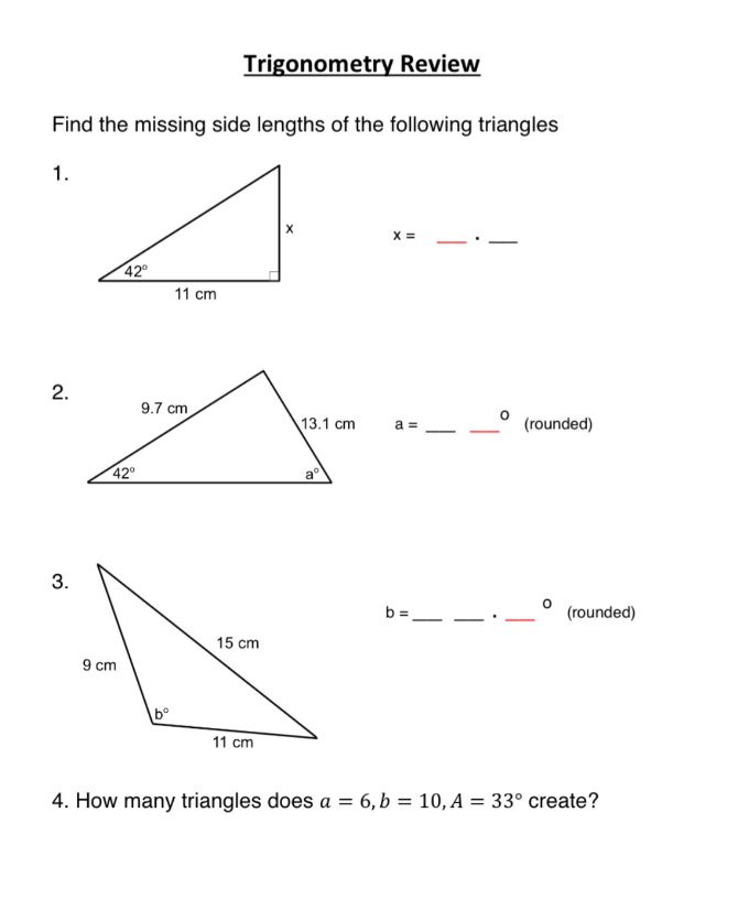 Solved Trigonometry Review Find the missing side lengths of | Chegg.com