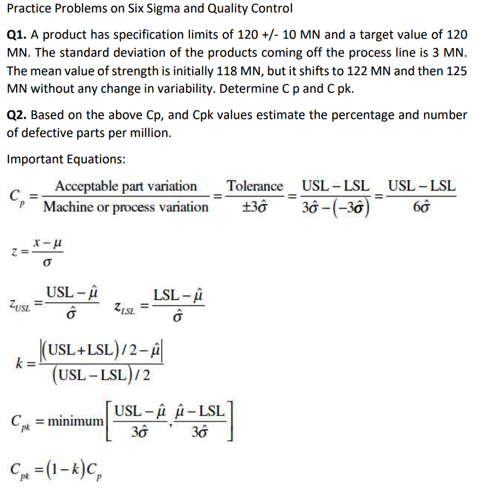 Solved Practice Problems on Six Sigma and Quality Control | Chegg.com