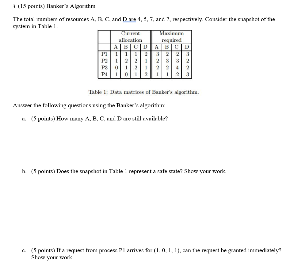 Solved 3.(15 points) Banker's Algorithm The total numbers of | Chegg.com