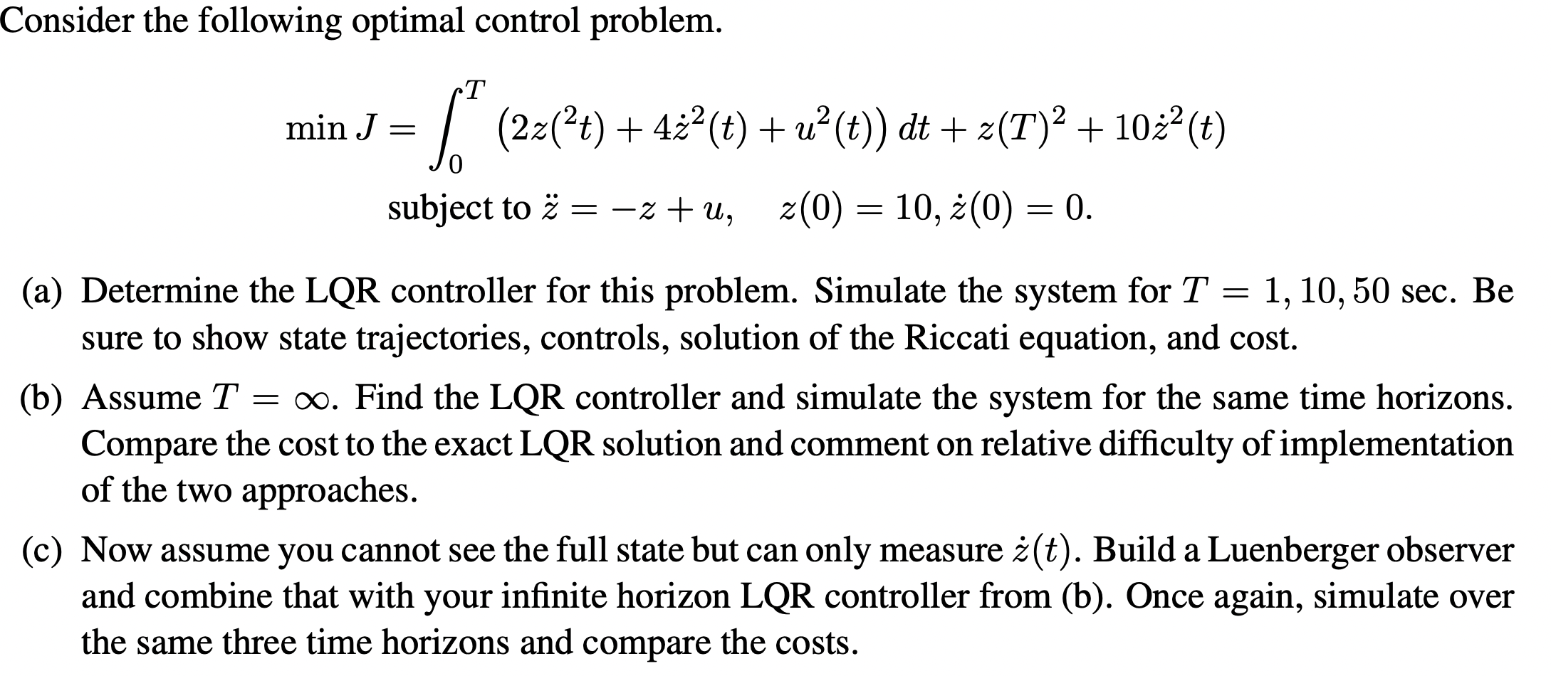 Consider the following optimal control problem. T min | Chegg.com