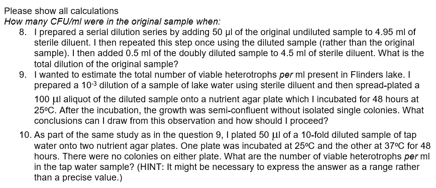 Solved Please show all calculations How many CFU/ml were in | Chegg.com