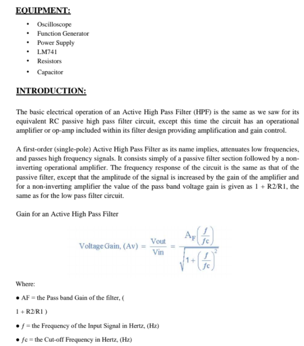 Solved EQUIPMENT: Oscilloscope • Function Generator • Power | Chegg.com