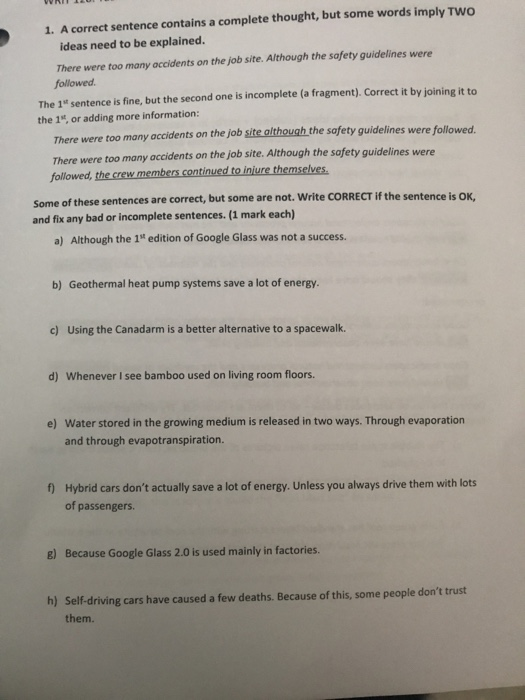 1. A correct sentence contains a complete thought, | Chegg.com