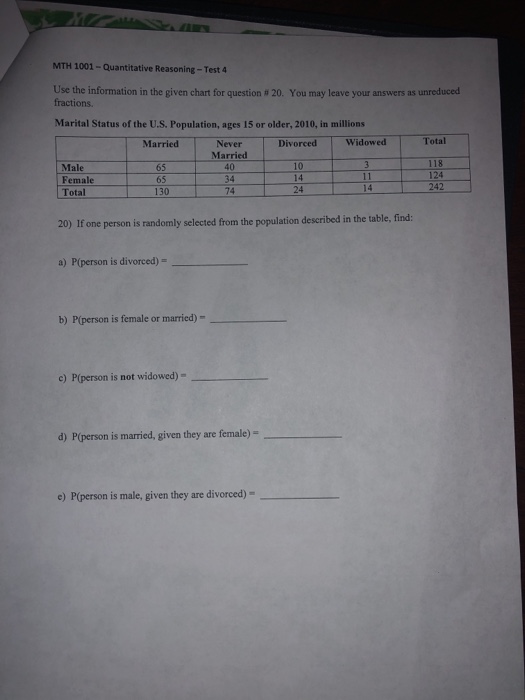 Solved MTH 1001-Quantitative Reasoning- Test 4 Use the | Chegg.com