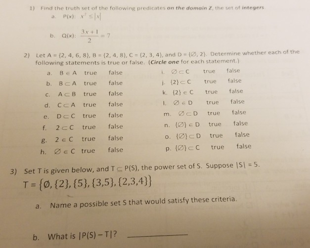 Solved 1) Find the truth set of the following predicates on | Chegg.com