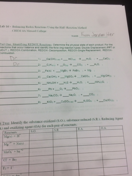 Solved Lab 16 - Balancing Redox Reactions Using the Half | Chegg.com