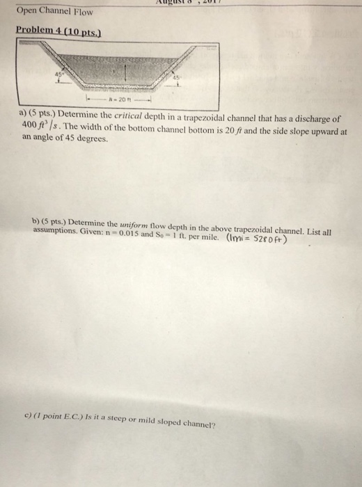 Solved Determine the critical depth in a trapezoidal | Chegg.com